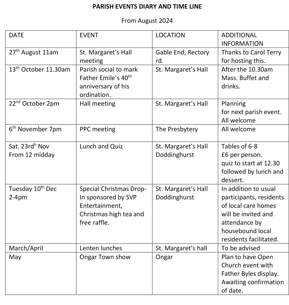 Parish Events Calendar – Catholic Parish Ongar
