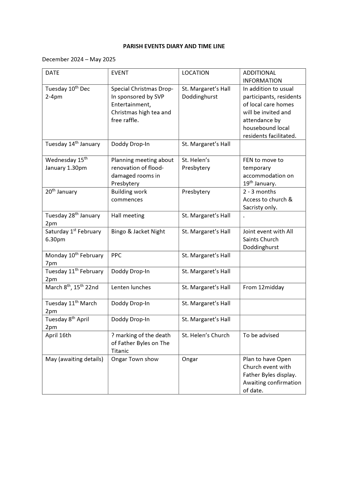 Parish Events Calendar – Catholic Parish Ongar
